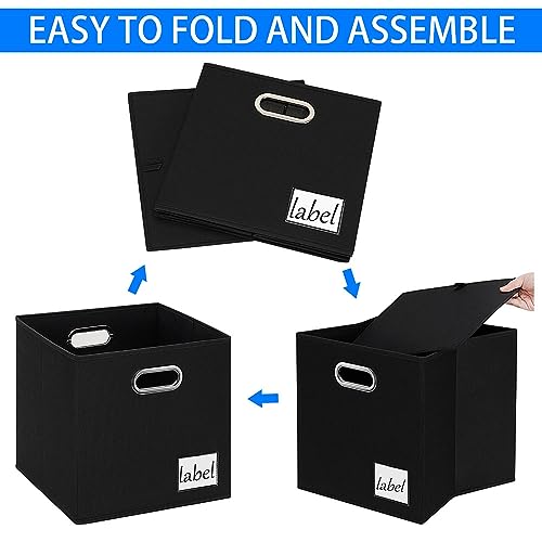 RVSNQ 13x13x13 Storage Cube Bins (Set of 4), Fabric Cubes Storage Bin with Metal Handles and Label, Collapsible Cube Storage Organizer Bins for Home, Office, Closet, Shelves, Nursery(Black)