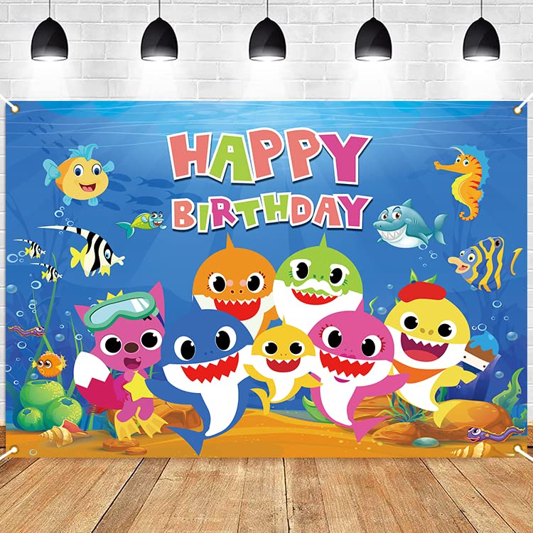 RitzyBiz Baby Shark Backdrop for Birthday Party Supplies (7x5 feet) Blue Cartoon Whale Ocean Photo Background for Baby Shower Decoration Boys Girls Photography Backdrop (Blue)