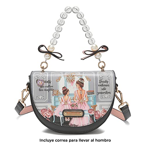 Nicole Lee Shoulder Bag with Pearls Bows, Small Flap Handbag with Removable Crossbody Strap (Double Queens)