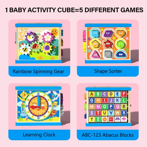 Wooden Baby Activity Cube for Toddlers 3+,5 in 1 Early Educational Montessori Toy for Toddlers,Abacus Blocks Bead Maze Spinning Gear Shape Sorter Learning Clock,First Birthday Gifts for Boys Girls.
