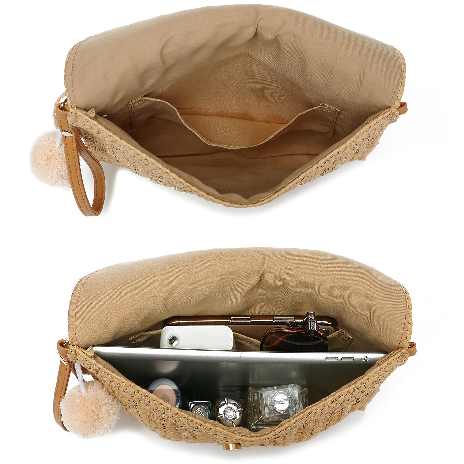 YIKOEE Straw Purse for Women Summer Beach Woven Bag With PomPom (Khaki)