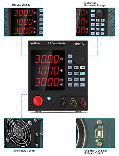 Programmable 30V/10A DC Power Supply Variable, Adjustable Switching Regulated Power Supply with 4-Digit Large Display Alligator Leads, PC Software, USB Interface for Lab Equipment (30V/10A)