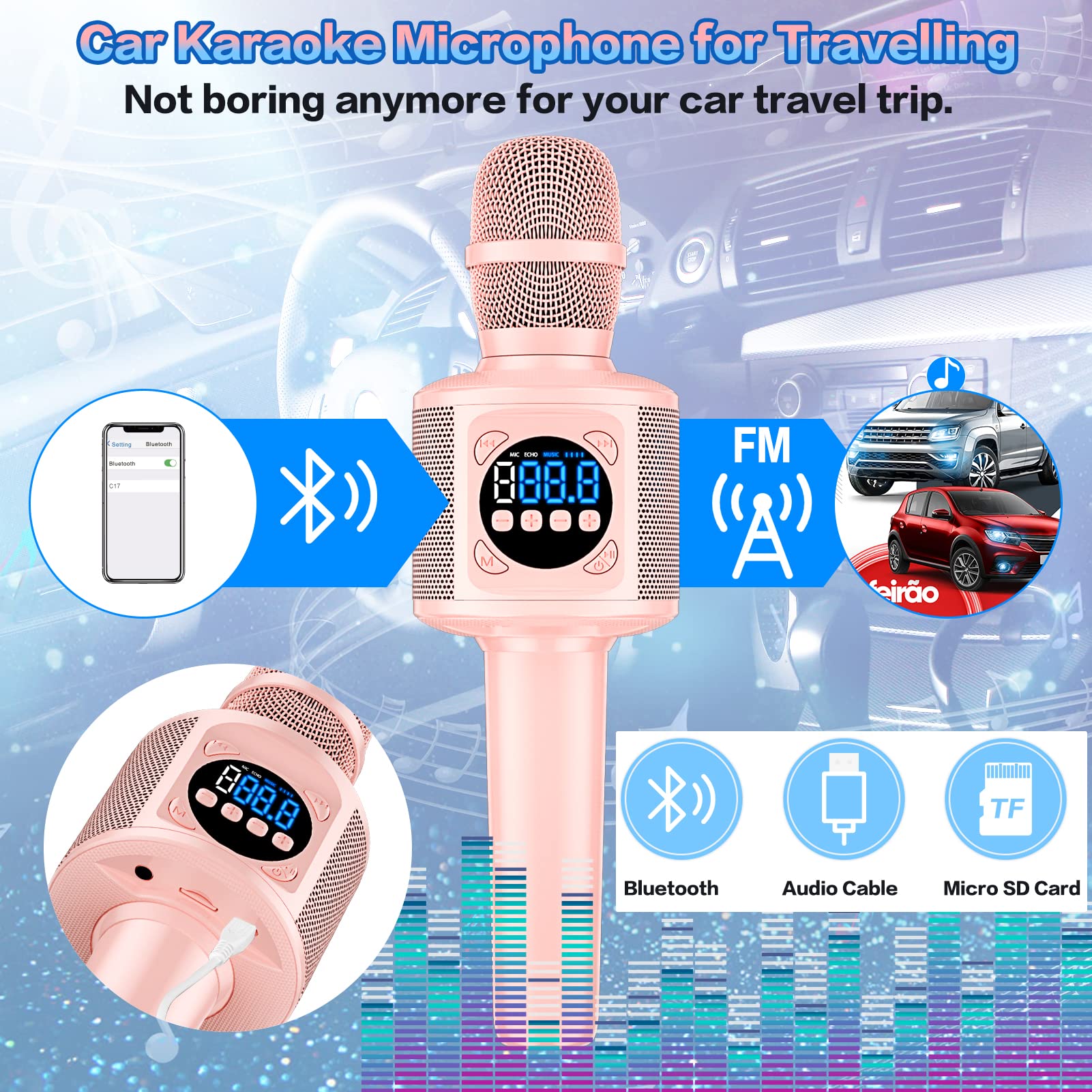 YLL Car Karaoke Microphone, Wireless Bluetooth Microphone Portable Handheld Mic Speaker with Magic Voices, Great Gifts for Girls Boys Adults All Age C17(P-ink)