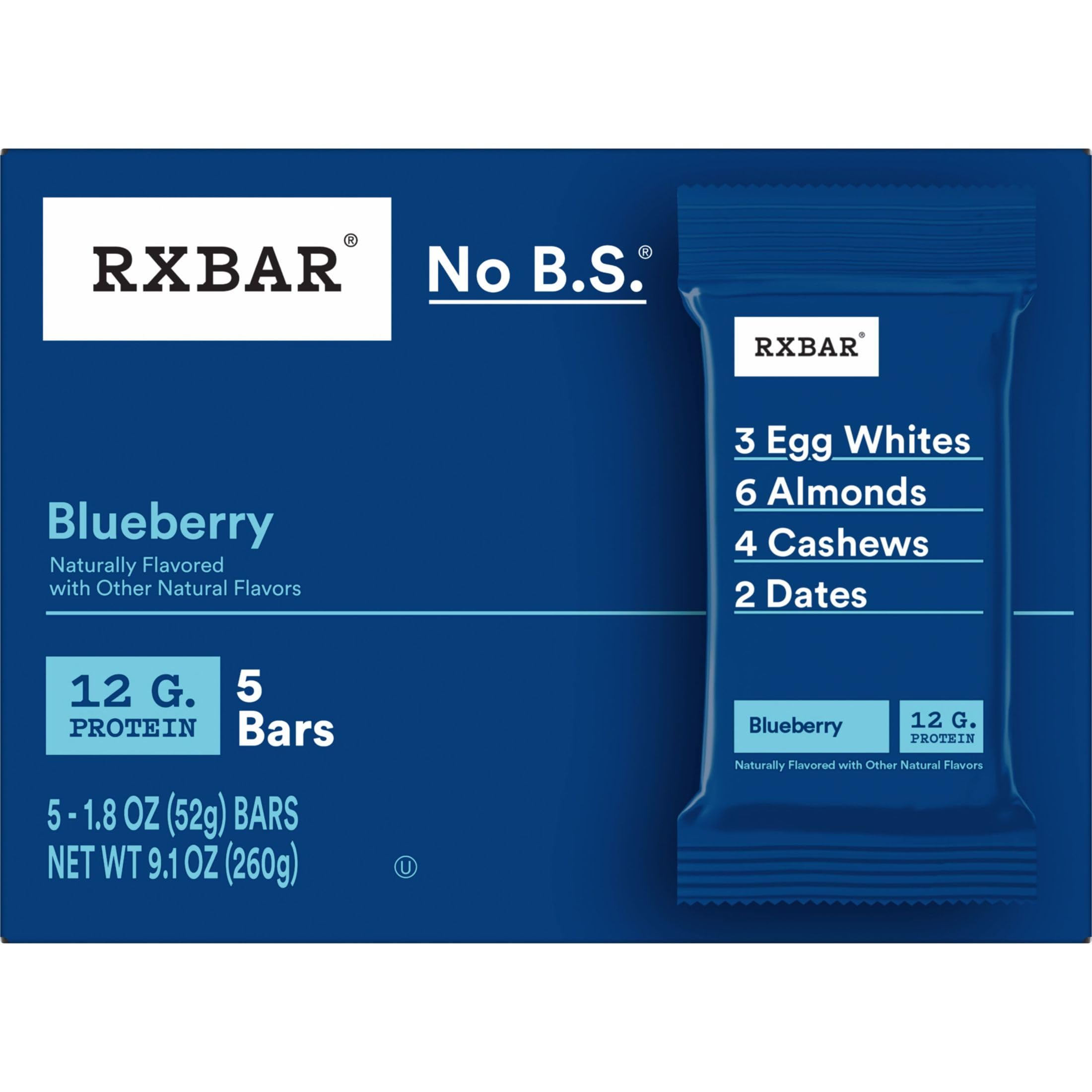 RXBAR Protein Bars, 12g Protein, Gluten Free Snacks, Blueberry (6 Boxes, 30 Bars)