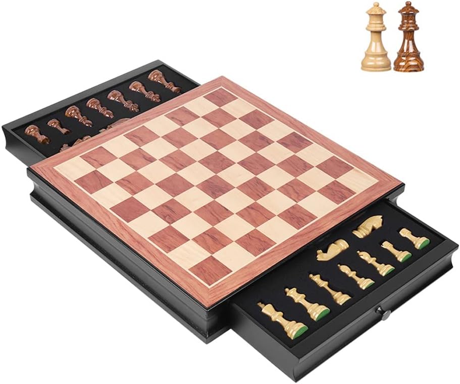 Wooden Chess Set 18" Deluxe Chess Board with 2 Drawers & Handmade Pieces Professional Chess Game Table Set for Adults