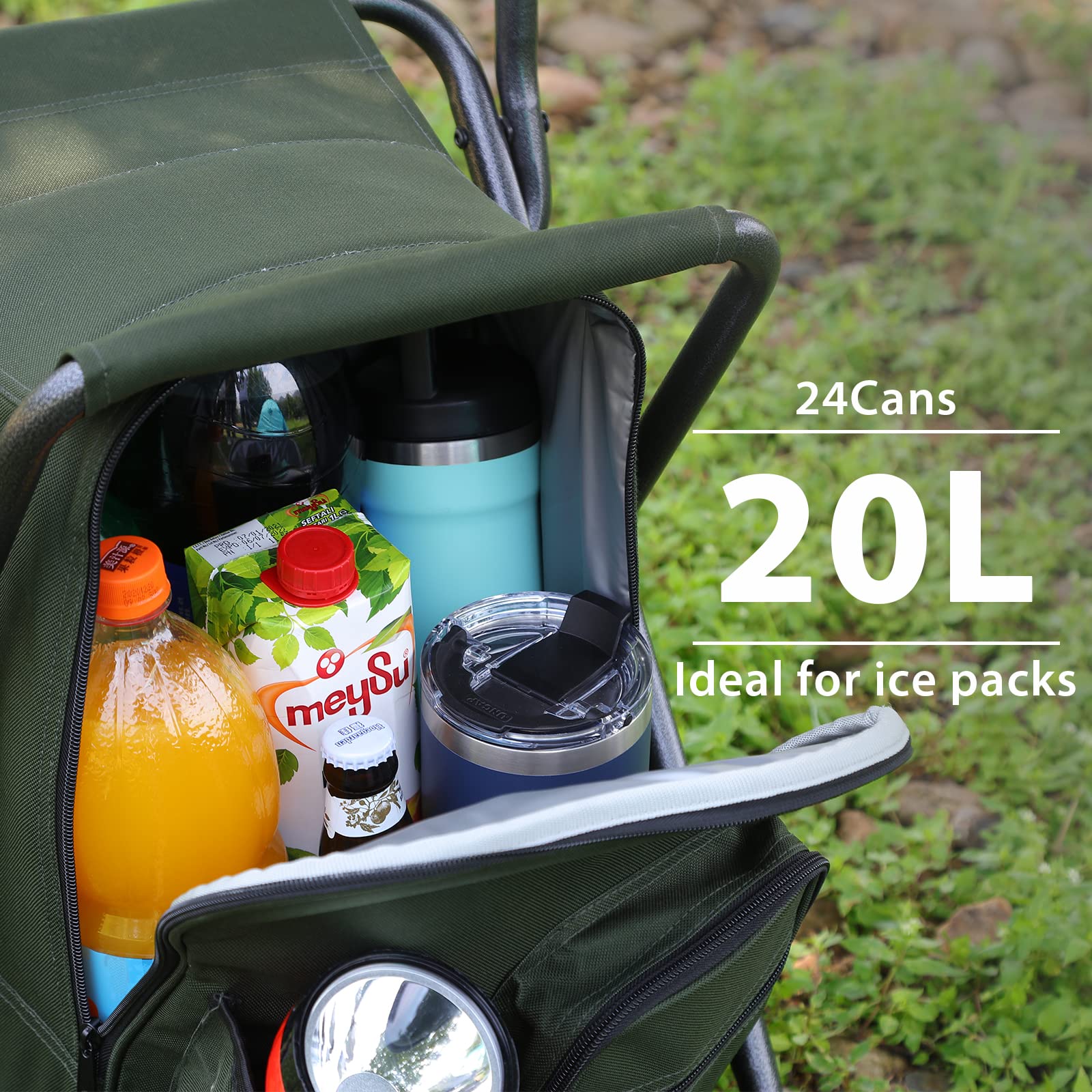 PORTAL Lightweight Backrest Stool Compact Folding Chair Seat with Cooler Bag and Backpack Straps for Fishing, Camping, Hiking, Supports 225 lbs