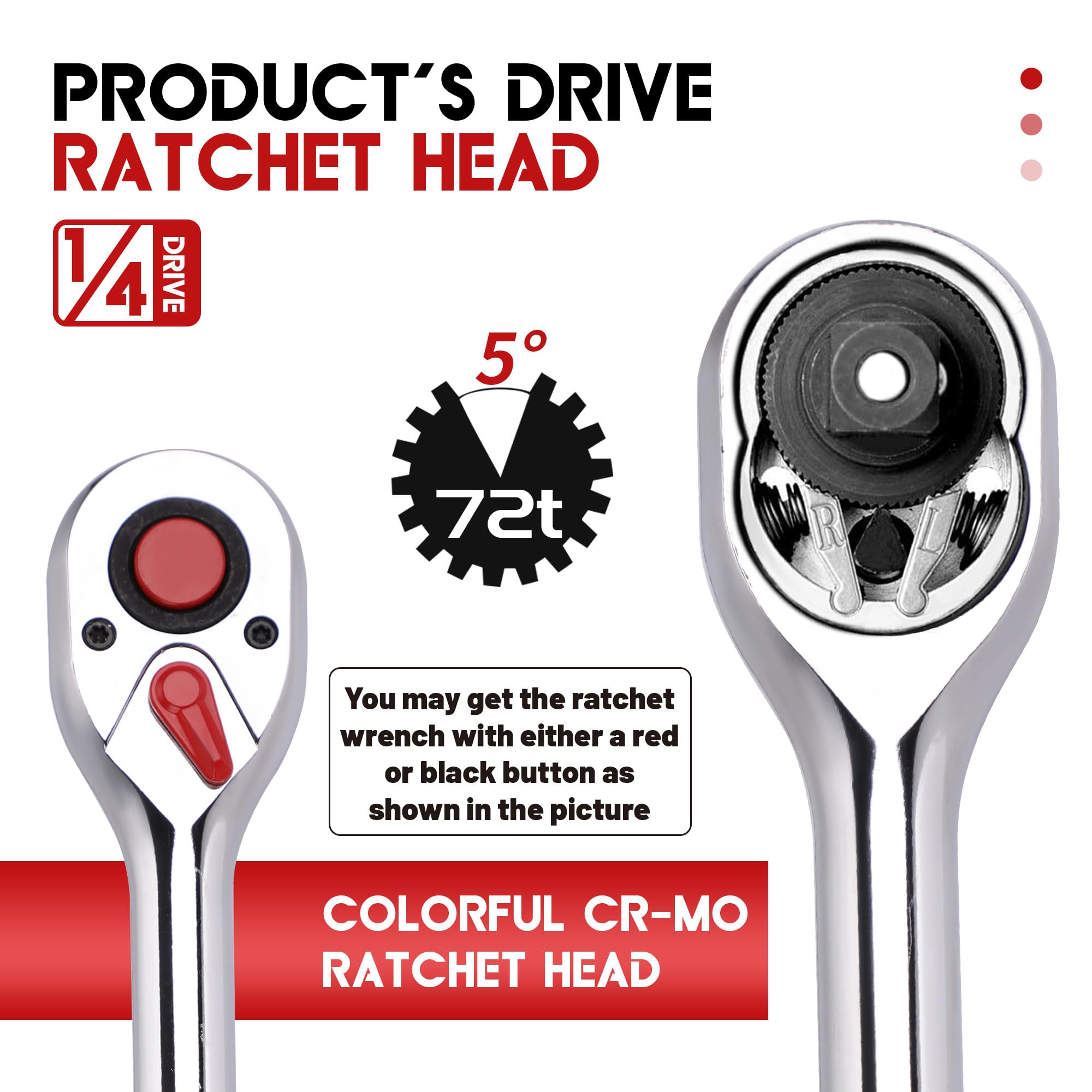 UYECOVE 1/4 Inch Drive Ratchet Wrench, 1/4 Ratchet, Socket Wrench, 72-Tooth Quick-release Reversible Cr-Mo Head, Chrome Steel Made - 5.9''15cm