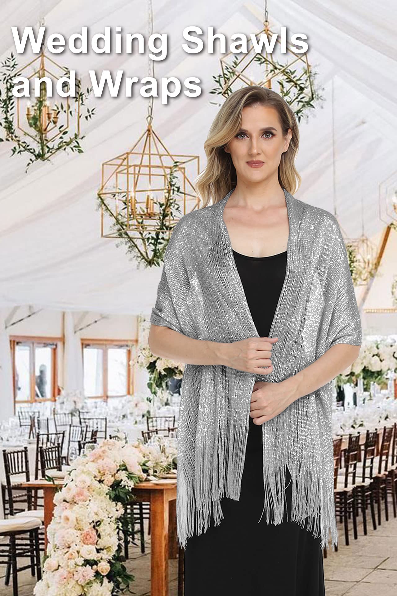 XFAK Sparkling Metallic Shawls and Wraps for Evening Wedding Party Silver