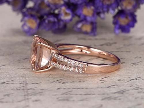Pink Morganite Engagement Ring,8mm Cushion Cut Stone,Solid 14K Rose Gold,Split Shank Band