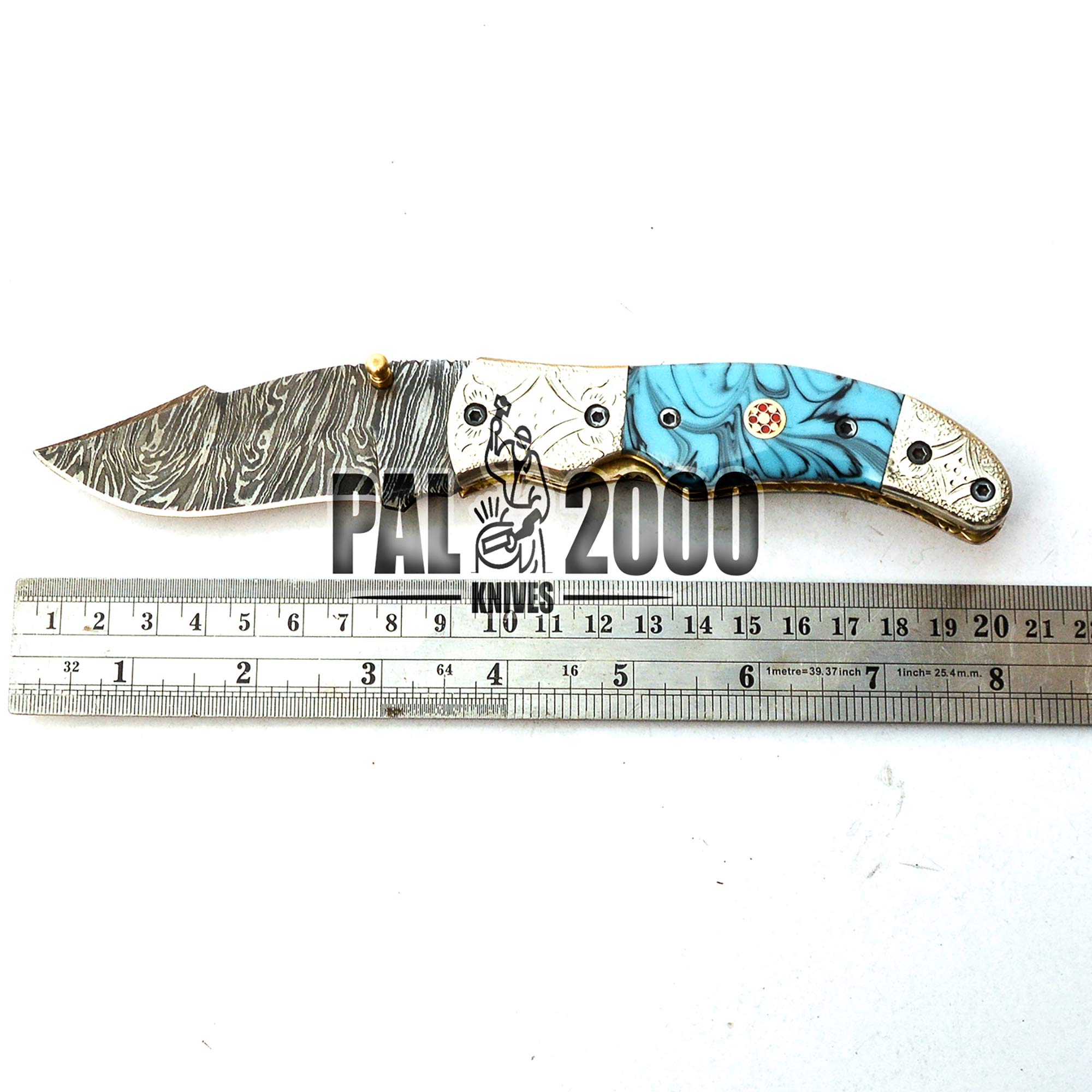 POC-9776 Folding Damascus Steel Hunting Knife with Pocket Clip Sheath