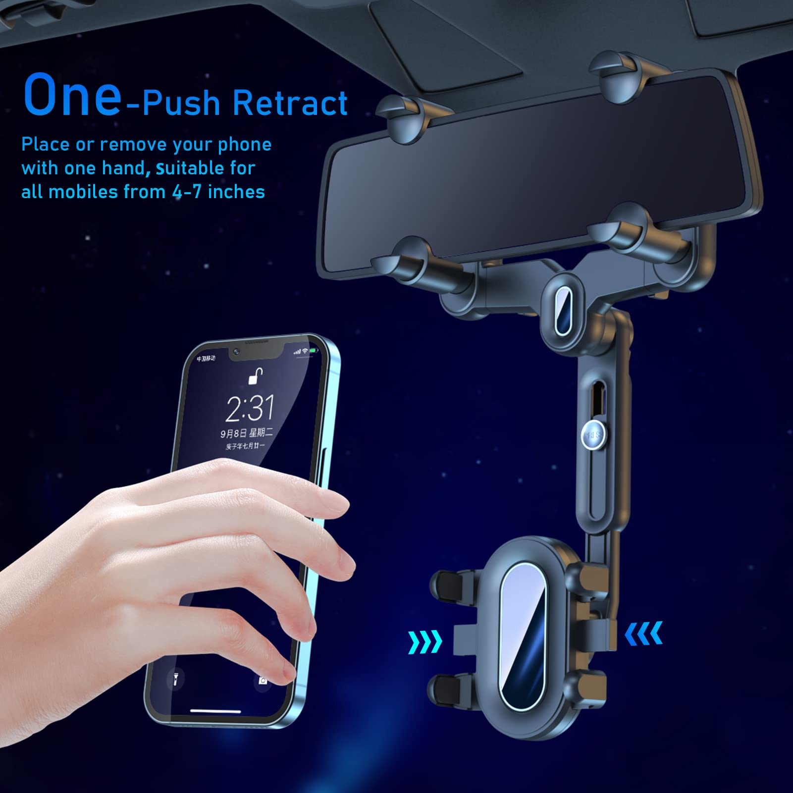 SINSEN Phone Mount for Car Rearview Mirror, Cell Phone Holder with Extra Vent Mounting Clip, 720° Rotatable Retractable Universal Fit, Eye Level Hands-Free GPS