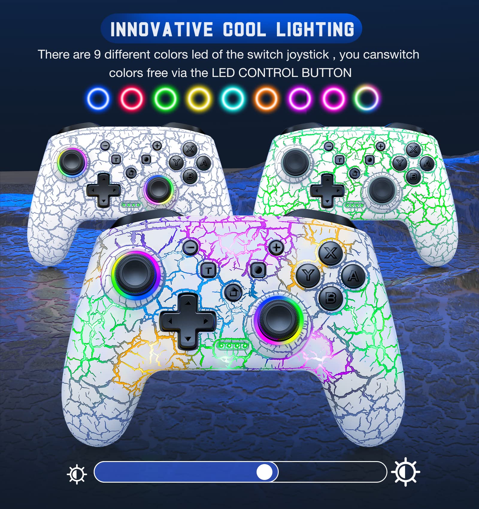Switch Controller, Gammeefy Wireless Switch Pro Controller for Nintendo Switch/Lite/OLED, 9 Color Adjustable LED Switch Remote Compatible with Windows PC/Android/IOS/Xbox 360 with Programmable (White)