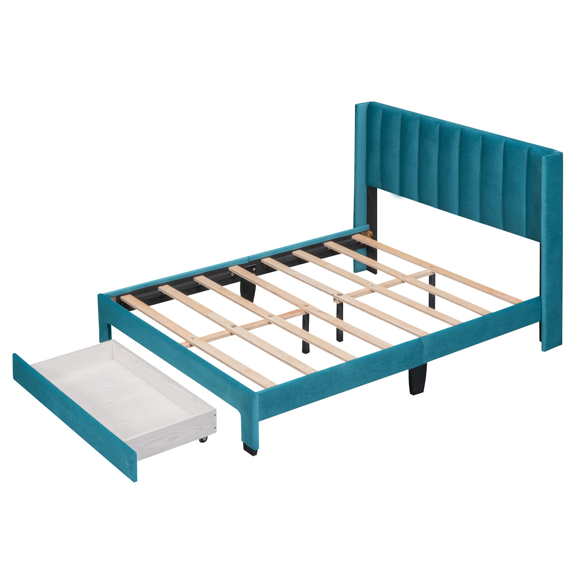 Prohon Full Size Platform Bed with Classic Vertical Stripes Headboard, Upholstered Wingback Backrest Storage Bed Frame w/A Big Storage Drawers on Endbed, Wood Slats Support Mattress Foundation, Blue