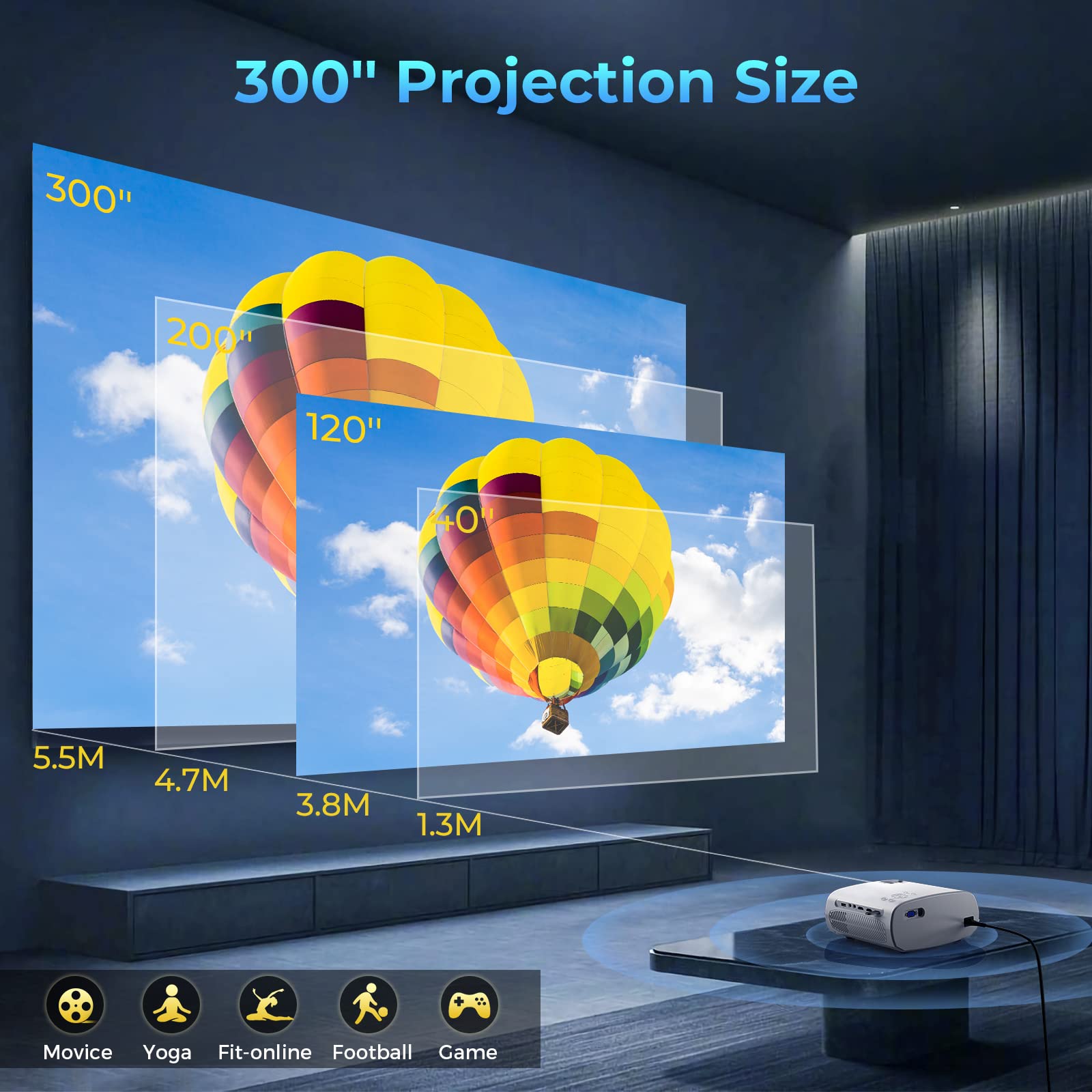 Projector with WiFi and Bluetooth - Native 1080P 9500 LUX Brightness, Support 300 Inch Display, Keystone & Zoom, Movie Outdoor Projector Portable Design with Carry Bag