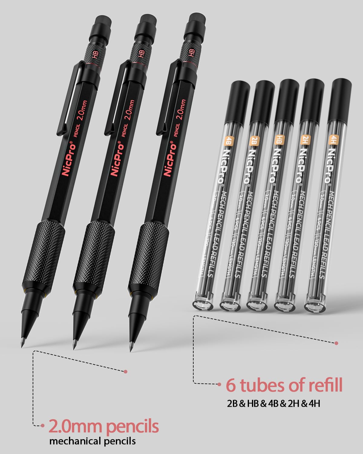 Nicpro 3 Pack 2mm Mechanical Pencils Set with Case, 33 Graphite Lead Refills (4B 2B HB 2H 4H), 36 Colored Lead, Erasers -Weatherproof Metal Barrel, Heavy Duty Carpenter Pencil For Drawing Sketching