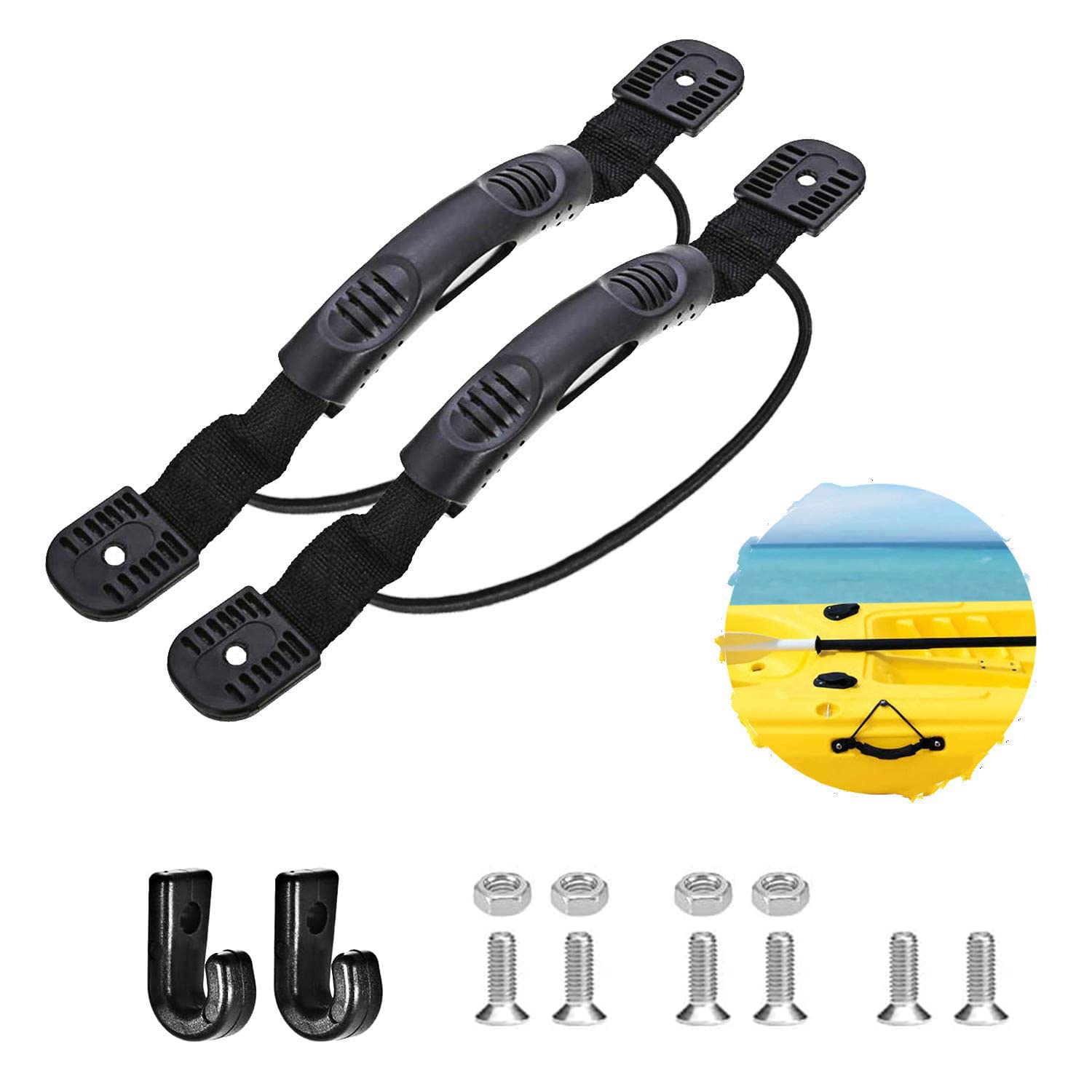 WILLWIN 2 Pcs Kayaks Canoe Side Mount Handles Replacement with Bungee Cord Paddle Holder Accessories + 2 Pcs J Hook with Hardware Kit for Luggage Handle, Cooler Handle, Incubator Handle