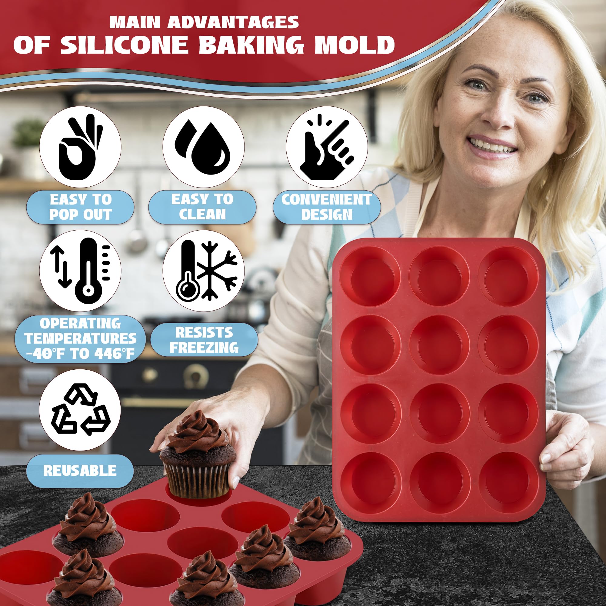 V TOWER 2Pcs Silicone Muffin Pans for Baking - 2 inch Deep Muffin Pan Silicone Molds for Baking Pans Nonstick Muffin Pan 12 Cavity - Silicone Muffin Pan Cupcake Silicone Molds Baking Pan Set