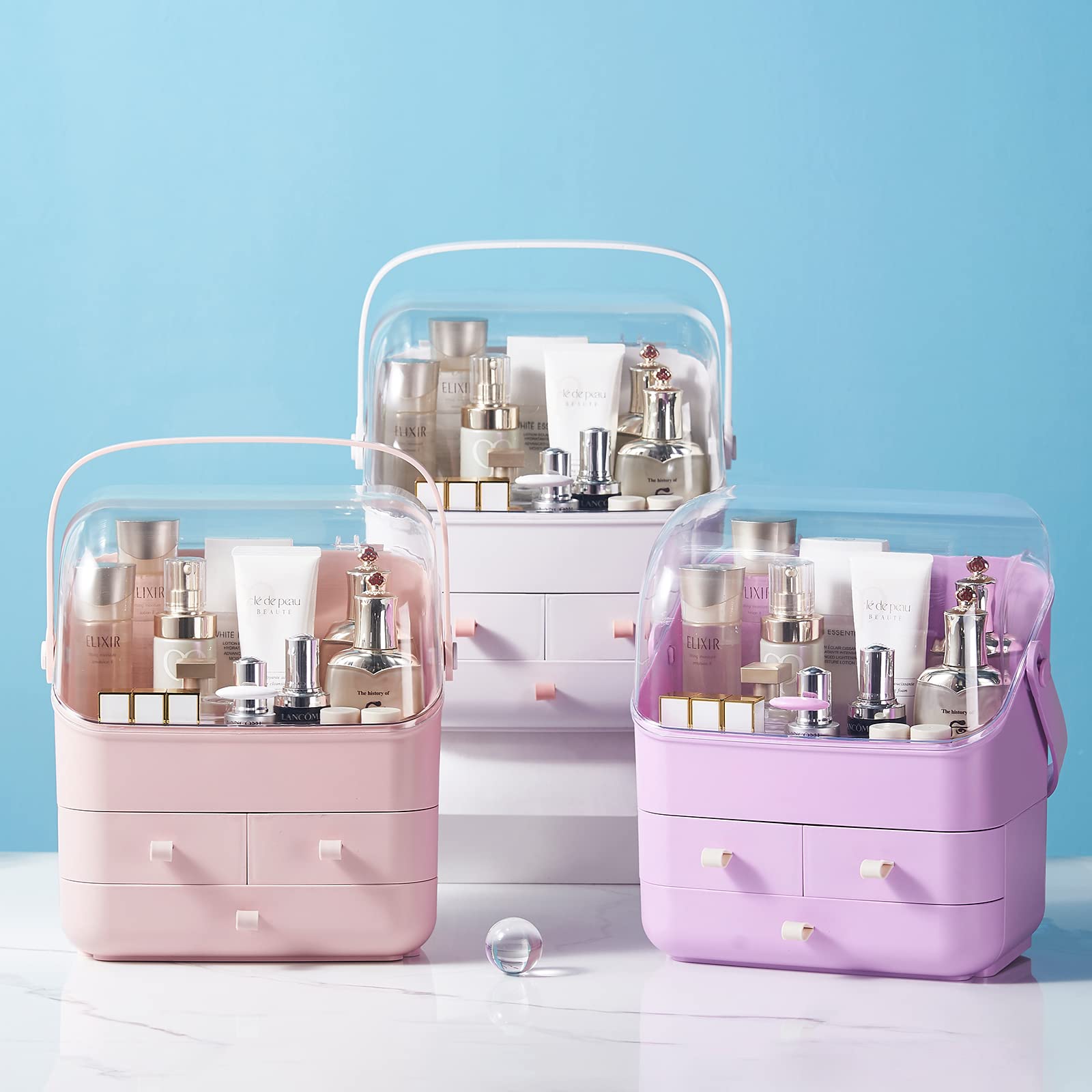SUNFICON Makeup Organizer Holder Cosmetic Storage Box with Dust Free Cover Portable Handle,Fully Open Waterproof Lid, Dust Proof Drawers,Great for Bathroom Countertop Bedroom Dresser White