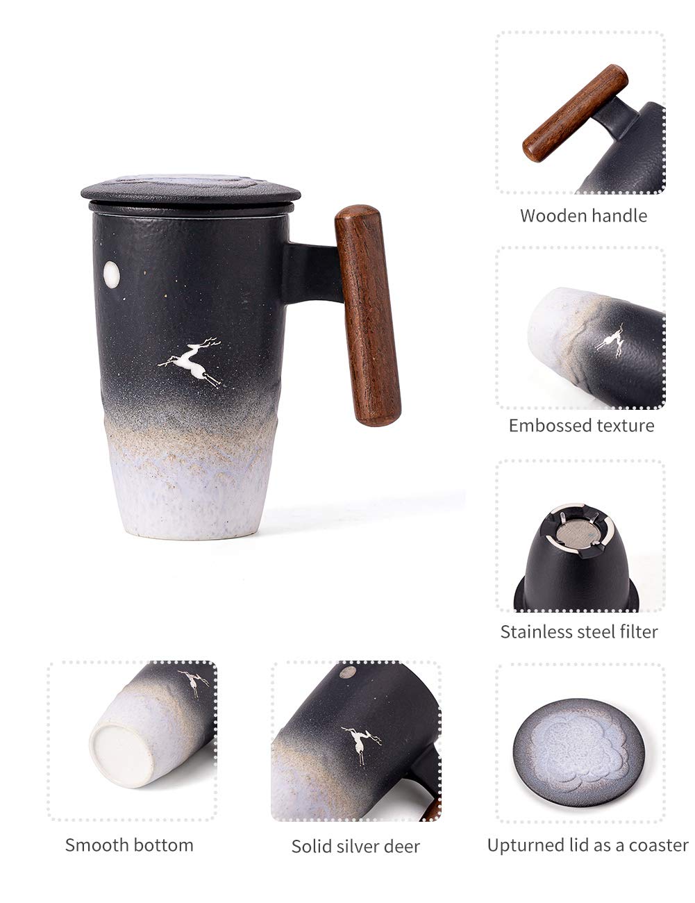 TANG PIN Moonlight Deer Ceramic Tea Cup with Infuser and Wooden Handle Steeping Mug 13.5 OZ (Black&White)