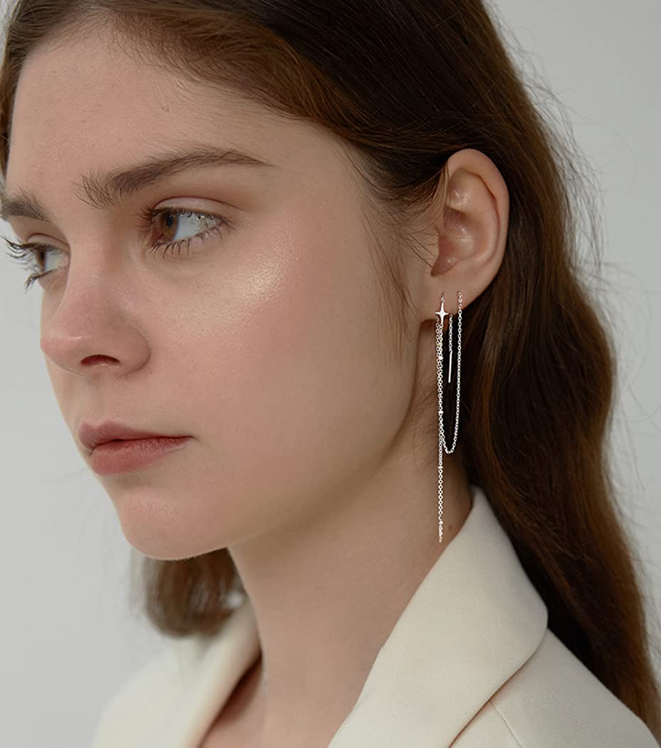 SLUYNZ 925 Sterling Silver Star Long Dangle Earrings Chain for Women Teen Girls Line Dangle Earrings Tassel Threader Chain (A-Silver)