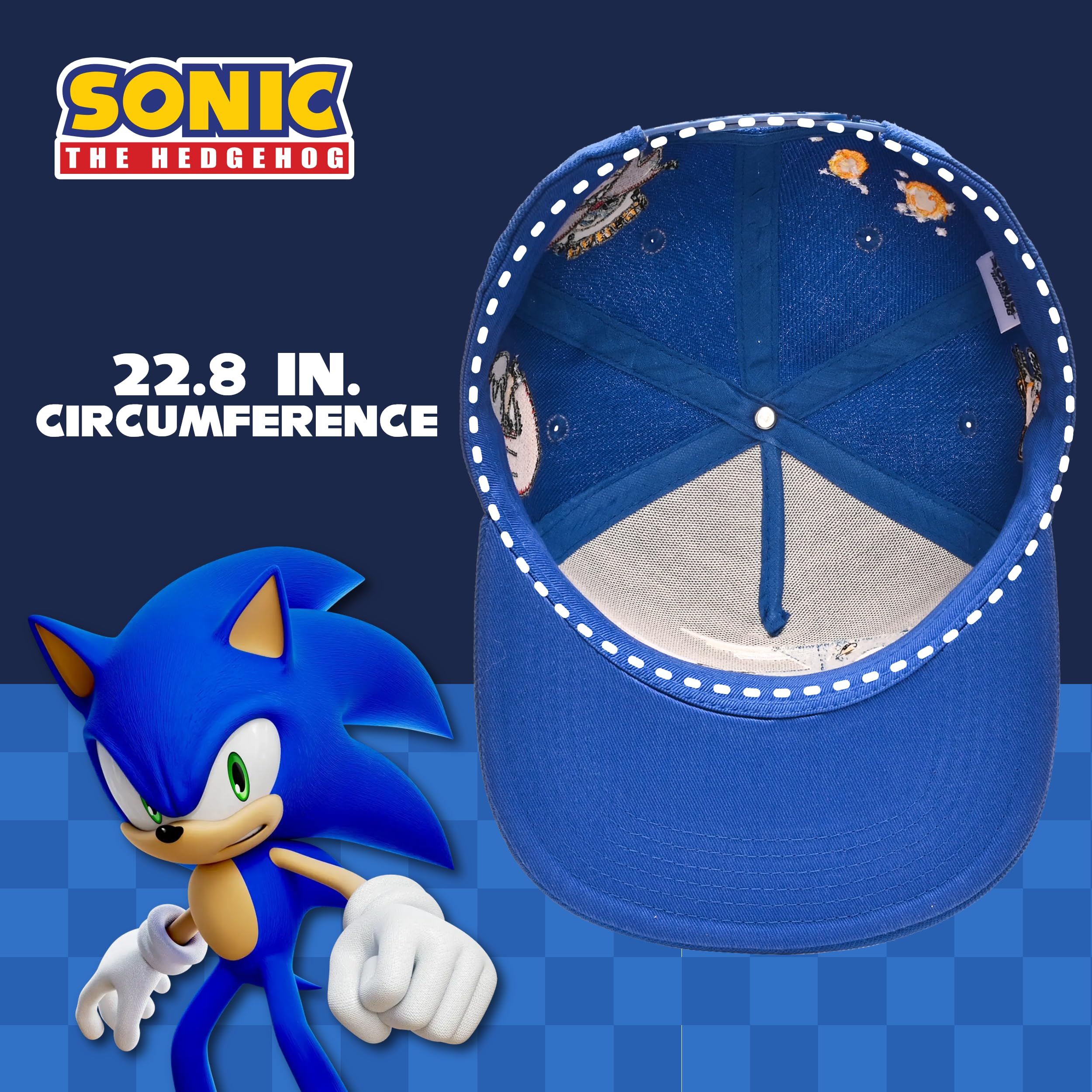 Sonic The Hedgehog Baseball Cap, Adult Adjustable Snapback Baseball Hat with Flat Brim, Allover Royal, One Size