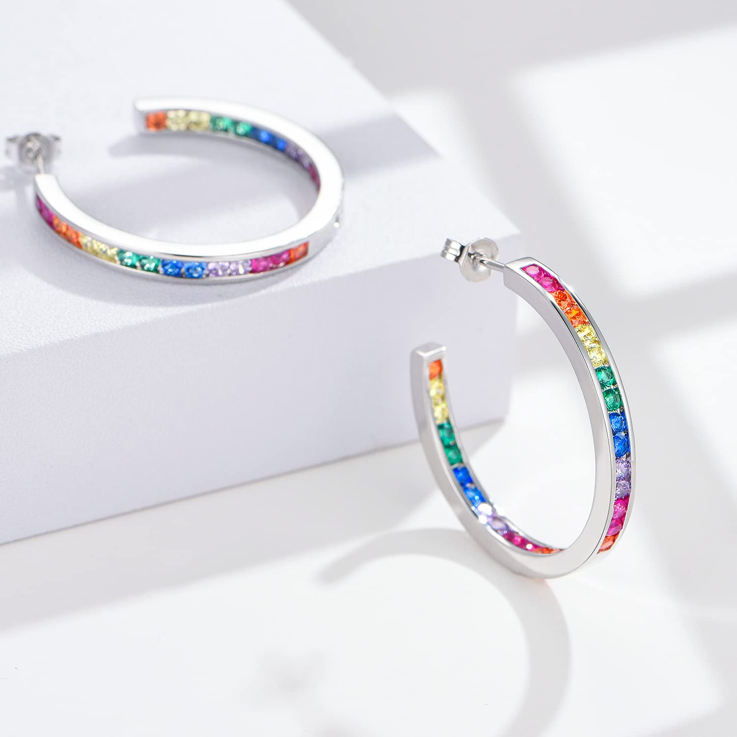 YINONE Rhodium Plated Rainbow Hoop Earrings Colorful CZ Silver Hoop Earrings