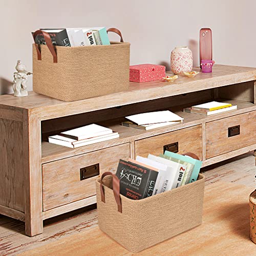 Sarmyarc 2 pieces of fabric storage bins, foldable jute woven storage basket with leather handle for easy access, storage bins for organizing closets, shelves and living rooms.