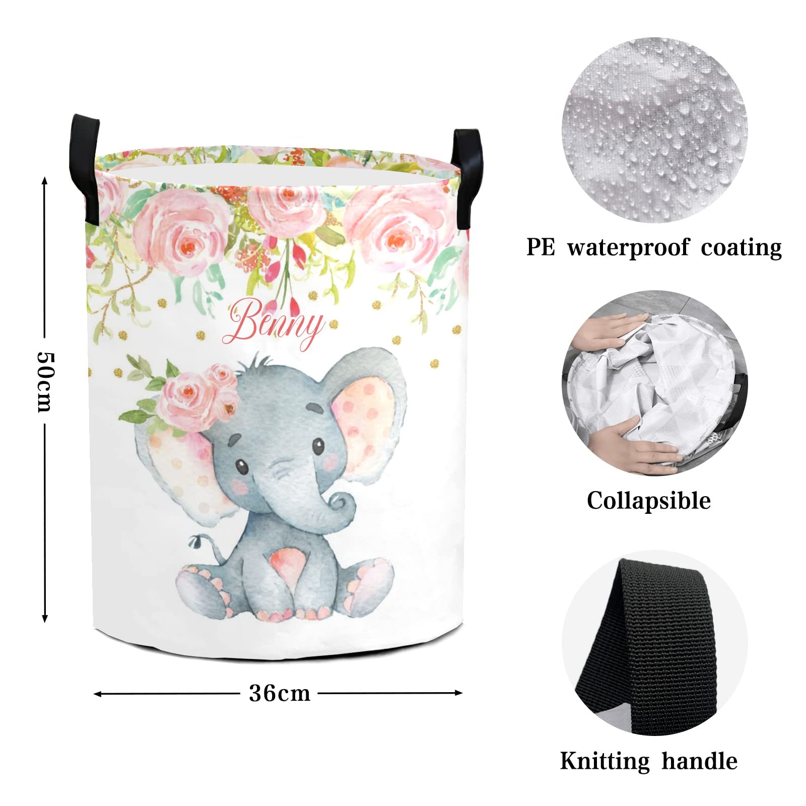 Pink Flower Elephant Personalized Laundry Hamper,Custom Name Collapsible Waterproof Laundry Basket Storage Bins with Handle for Clothes,Toy,Nursery