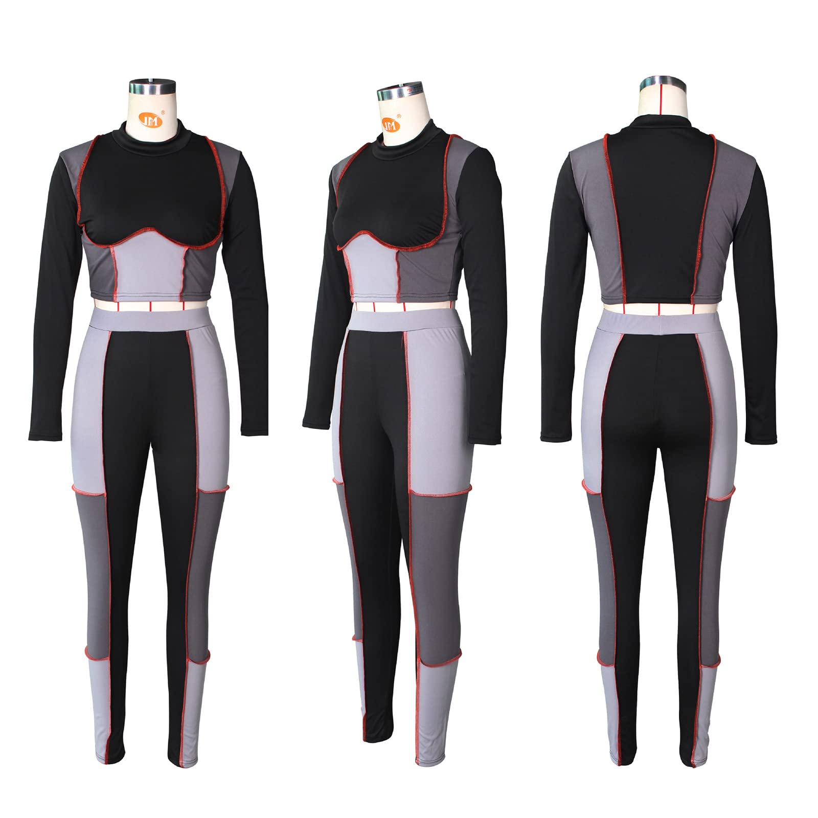 Women Two Piece Casual Sweatsuit- Bodycon Jumpsuit Patchwork Color Block Crop Top Pant Yoga Set Jogger Tracksuit Grey