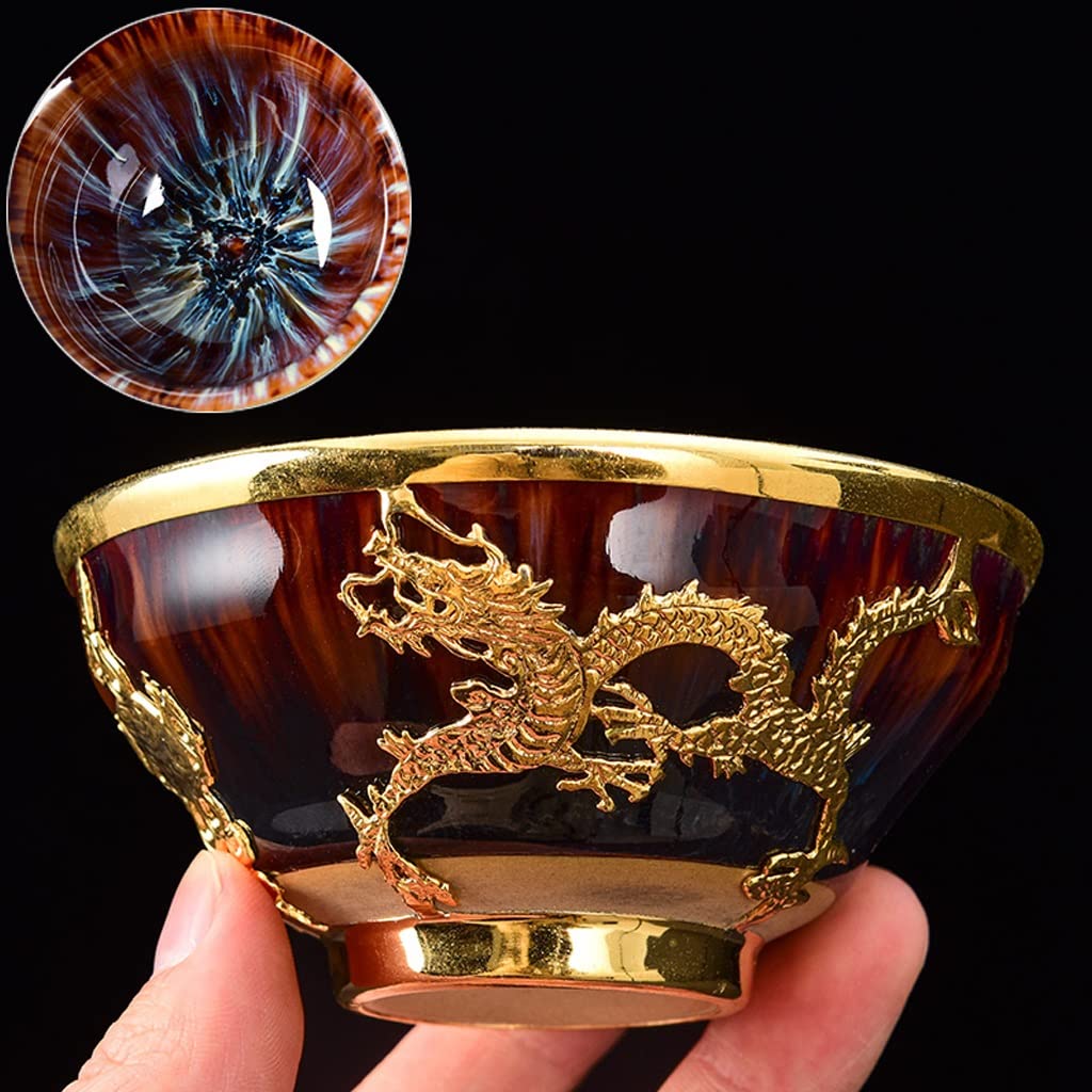 Tea Cup Tenmoku Tea Cup Hand Inlaid Gold Dragon And Phoenix Cup, Kiln Transformation Colorful Master Cup, Kung Fu Tea Bowl Sake Teaware, Gift Box Packaging (Color : Dragon, Size : 3.8 oz)