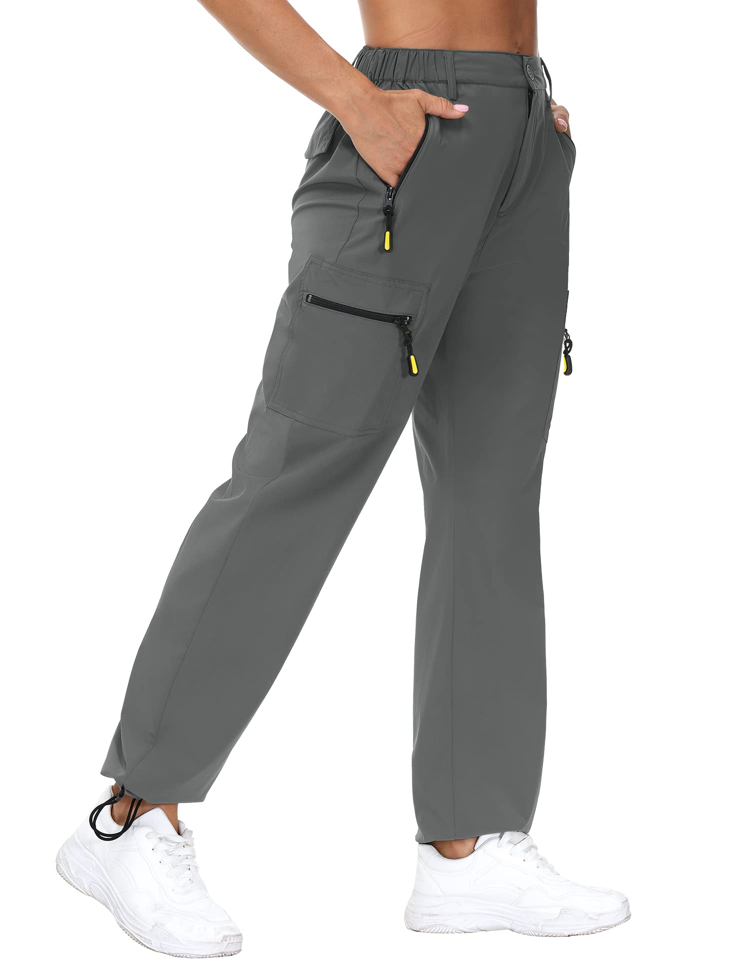 VVK Women's Cargo Hiking Pants Elastic Waist Quick Dry Lightweight Outdoor Water Resistant UPF 50+ Long Pants Zipper Grey Large