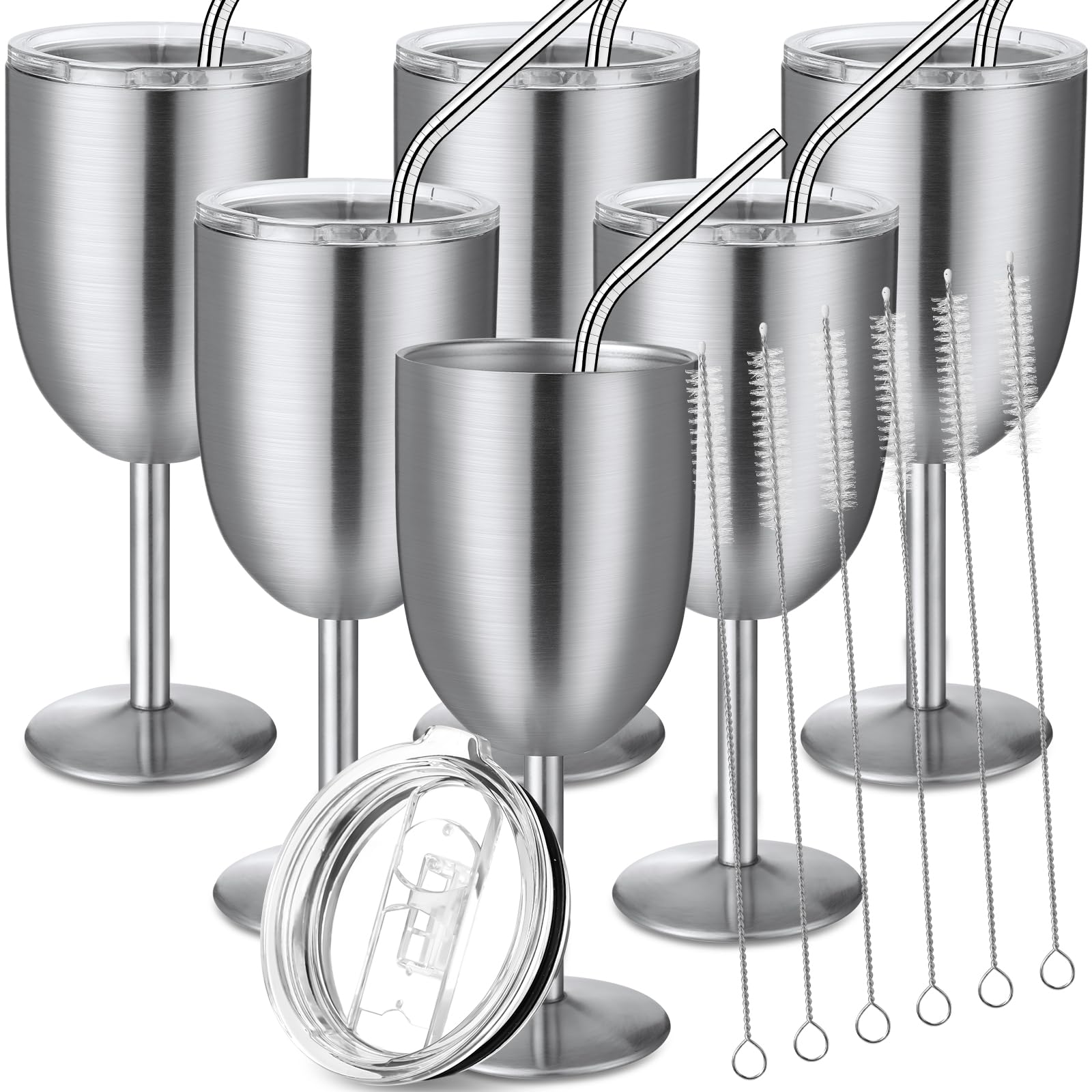 Photect 6 Pack Stemmed Stainless Steel Wine Glasses with Lid 10 oz Double Wall Insulated Wine Tumbler Unbreakable Goblets with Drinking Straw and Straw Brush for Wedding Valentine's Day Party
