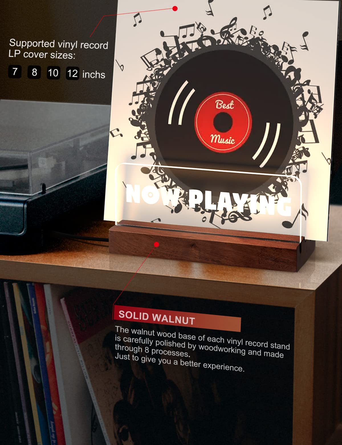 POSVIU Now Playing Vinyl Record Stand - LED Lighting Display, Solid Walnut & Acrylic,Vinyl Record Holder for LP Albums, Warm Lights (Walnut)