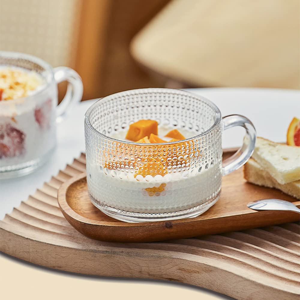 Vintage Glass Coffee Mugs with Spoons Set of 4, 14 Oz Overnight Oats Containers, Clear Coffee Cups with Handle, Embossed Breakfast Cups for Cappuccino, Latte, Cereal, Yogurt, Dessert, Beverage