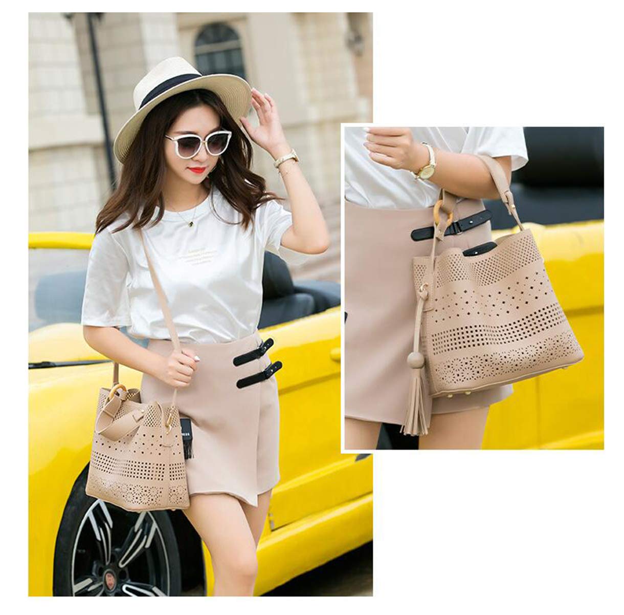 SMALLBLUER Women PU Leather Tassel Cutout Tote Hobo Clutches Shoulder Crossbody Bags Backpack Satchels-Gray