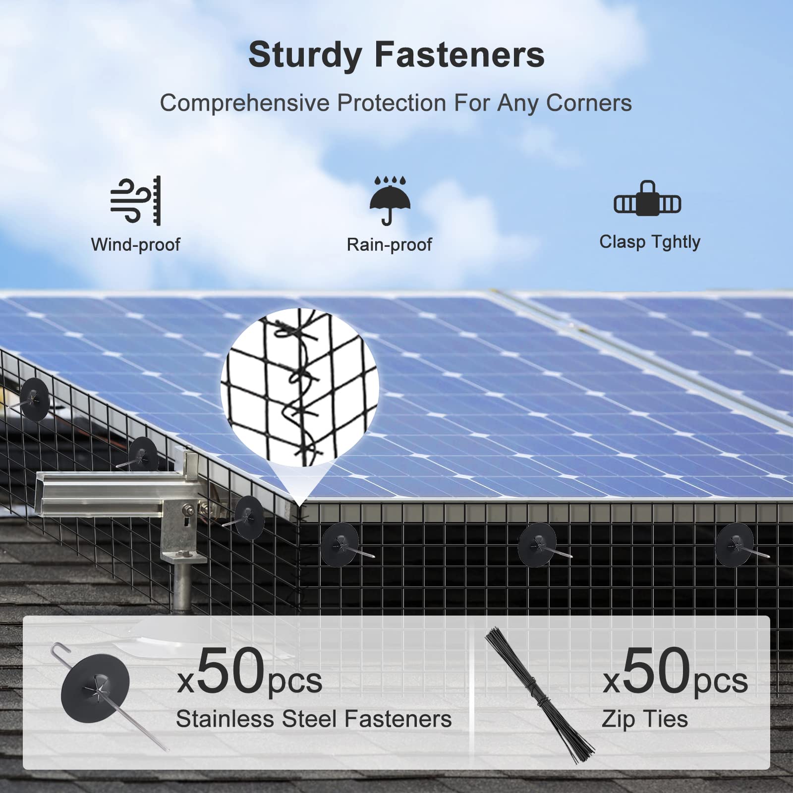 ZeroPone 6inch x 50ft Solar Panel Bird Guard,Critter Guard for Solar Panels w/ 50pcs Stainless Steel Fasteners,Removable PVC Coated Guard Wire for Squirrel,Bird,Critters Proofing