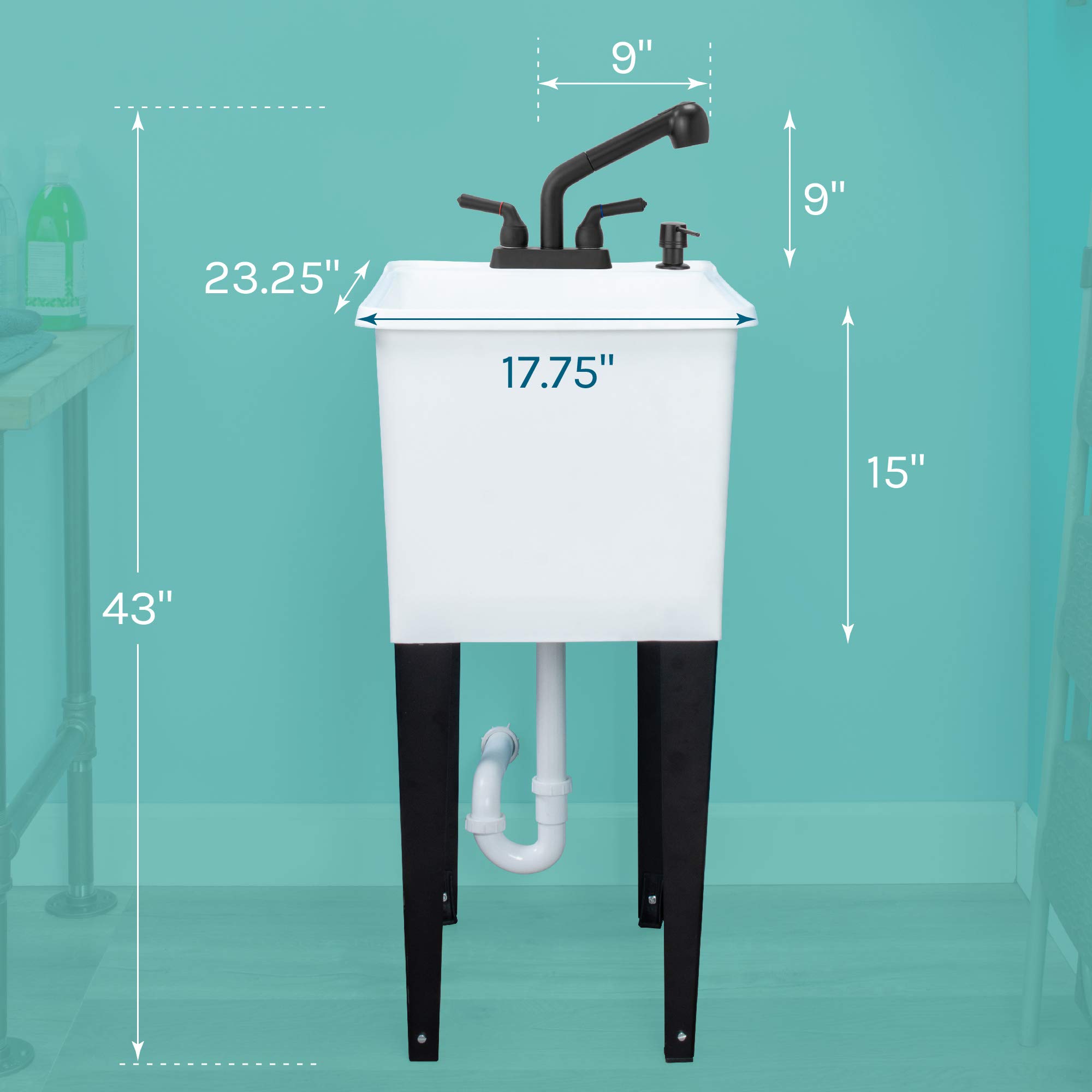 White Space Saver Utility Sink by JS Jackson Supplies, Freestanding Tehila Space Saving Laundry Tub, Black Pull-Out Faucet, Soap Dispenser