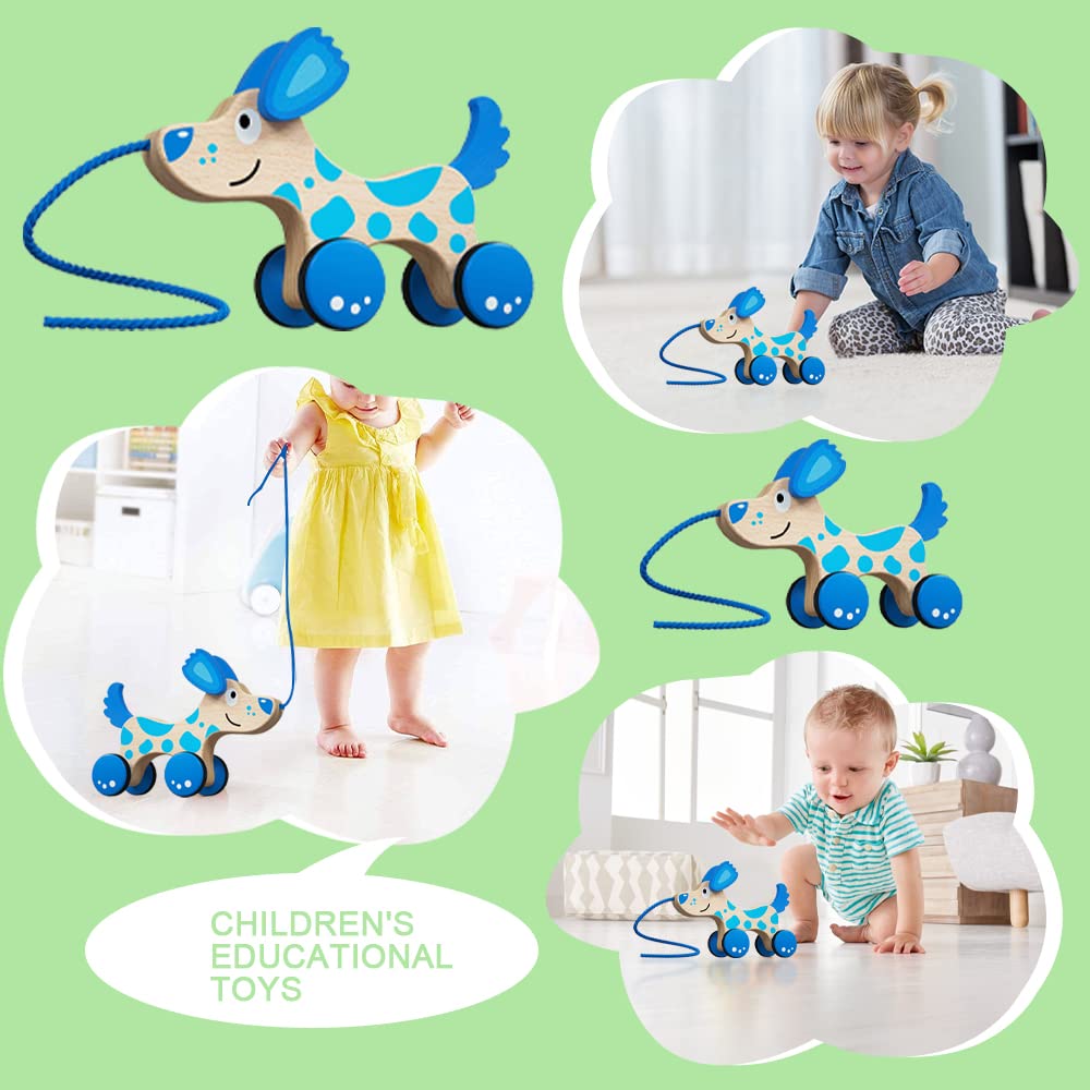 Wooden Push Pull Dog Toys Pull Toys for Toddlers 1-3 Baby Pull Toy Stand and Roll Toys Push Along String Dog Toys