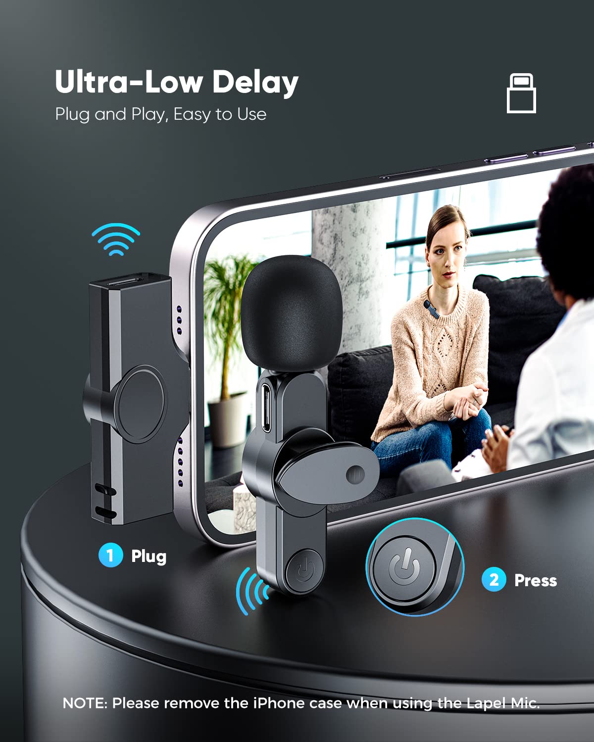Wireless Microphone for iPhone iPad, Upgraded Noise Reduction, Mini Lavalier Lapel Mic, Ultra-Low Delay Potable Clip On Lapel Mic for YouTube Interview Vlog Presentation Facebook Live - 2 Pack