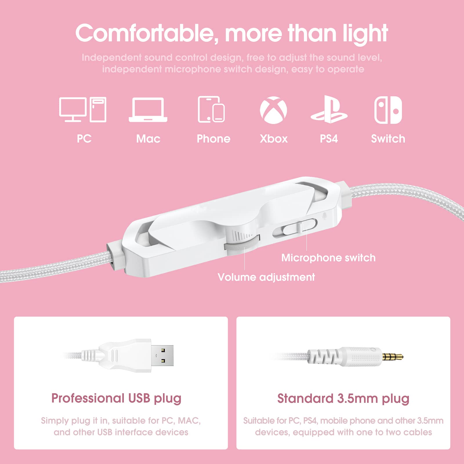 SOSISU Cat Ear Gaming Headset, Ergonomic Wired Headphone for PS4, PS5, Xbox One(Adapter Not Included), PC, Mobile Phone with LED Backlight, Removable Microphone, Surround Sound
