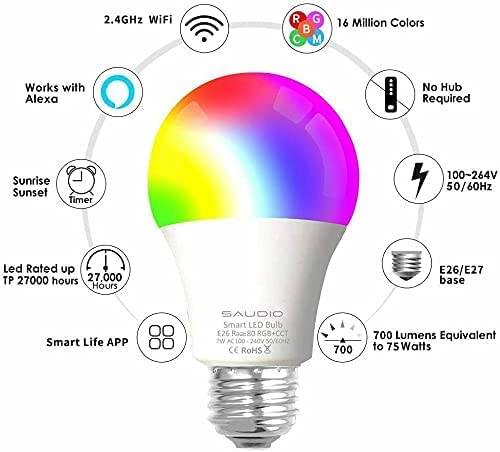 Smart WiFi Light Bulbs SAUDIO LED RGB Color Changing Bulbs Alexa, Echo Google Home & Siri Compatible 2.4GHz WiFi Only No Hub Required, 8W A19 E26 Multicolor 4 Pack