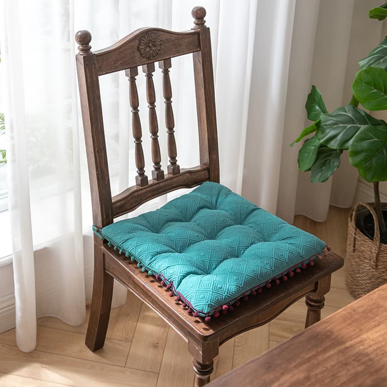 Wadser Cozy Seat Cushion Bohemian Chair Pad with Ties Gradient Pom Pom Dining Seat Pad for Kitchen Dining Room Office Cars Balcony Patio Furniture Blue 16x16