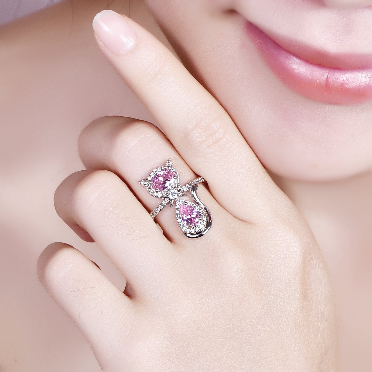 Psiroy 925 Sterling Silver Plated Simulated Pink Topaz Oval Cut Cute Cat Fashion Ring for Women Size 7