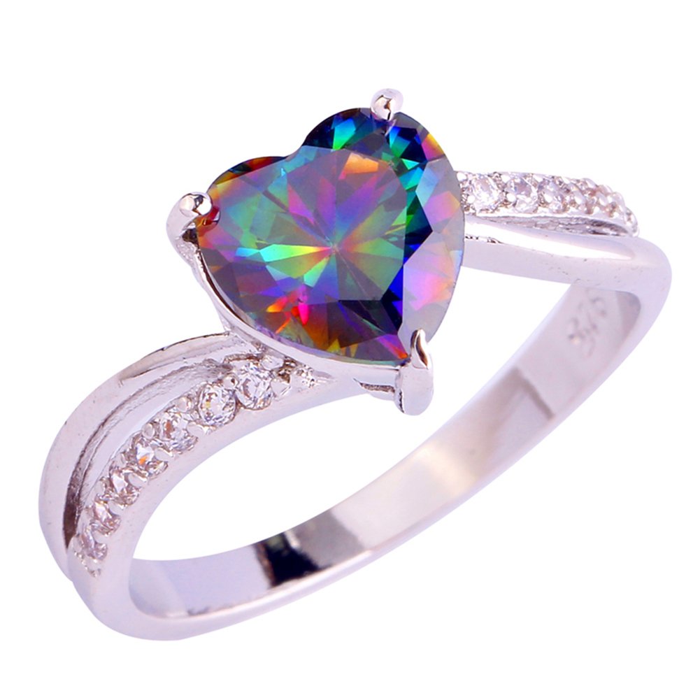 Psiroy 925 Sterling Silver Plated Simulated Rainbow Topaz Heart Shaped Promise Ring Size 12
