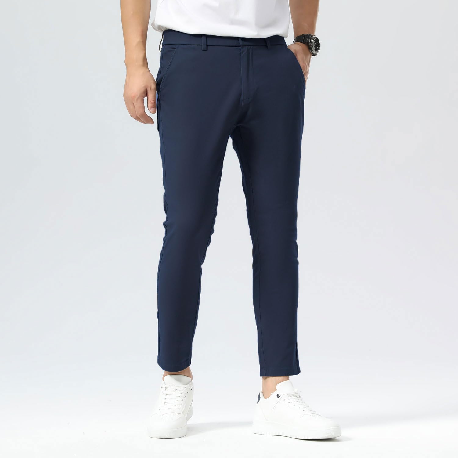 Plaid&Plain Men's Slim Fit Khaki Pants Stretch Cropped Chino Skinny Pants 130201 Navy Blue 34