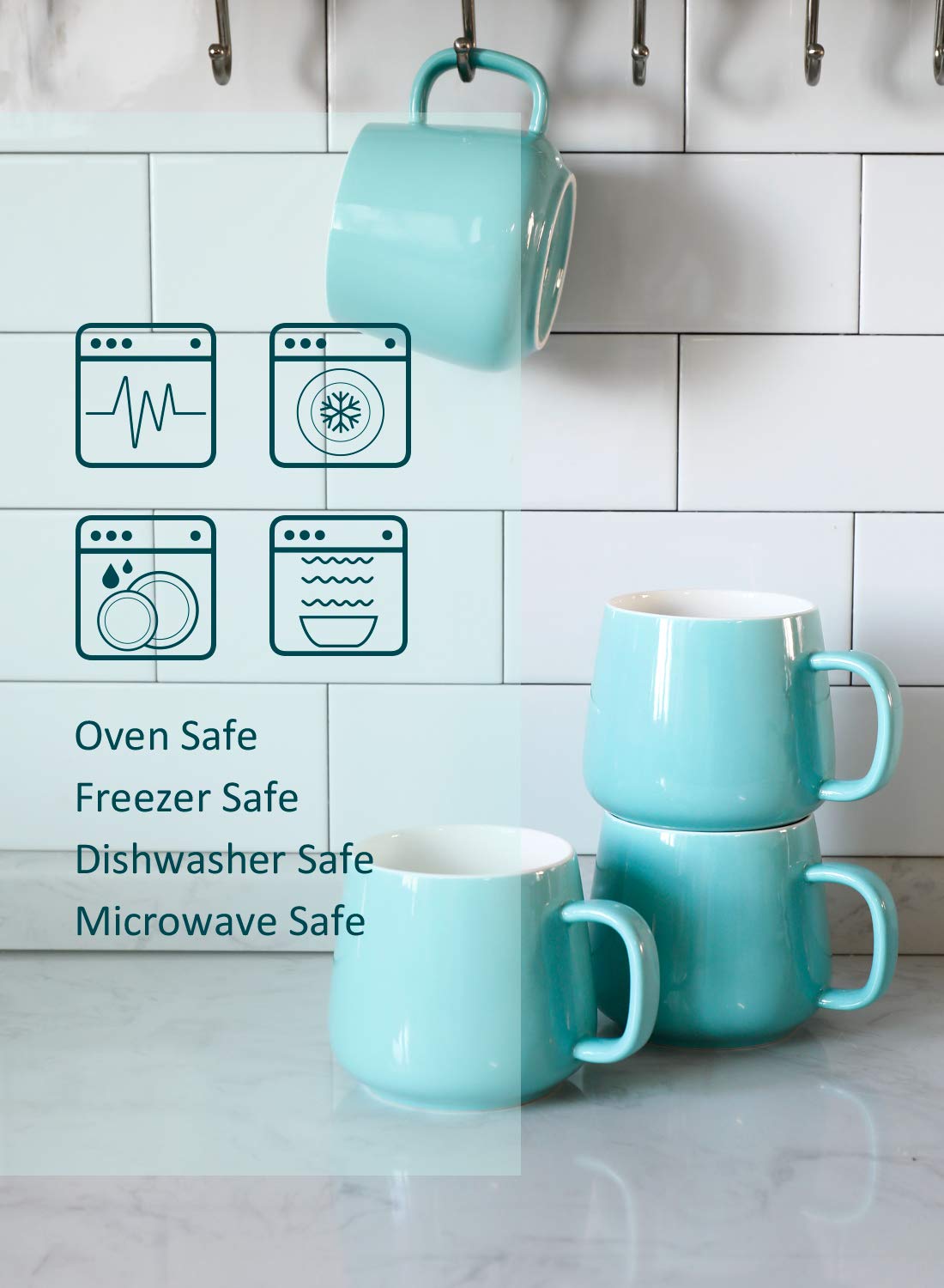 Teocera Porcelain Coffee Mugs Set of 4-12 Ounce Coffee Cups with Handle for Hot or Cold Drinks like Cocoa, Milk, Tea or Water - Smooth Ceramic with Modern Design, Turquoise