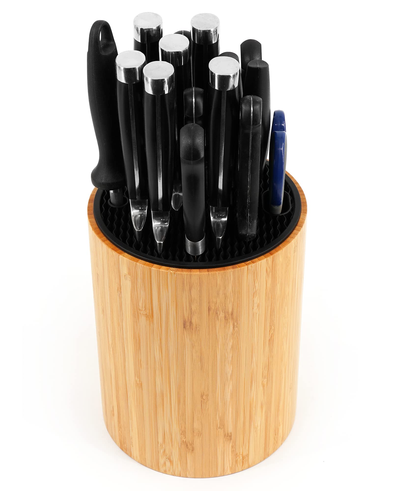 VaeFae Bamboo Round Knife Holder with Slots for Knife Sharpener and Scissors, Universal Knife Block, Kitchen Knife Storage with Unique Slot Design