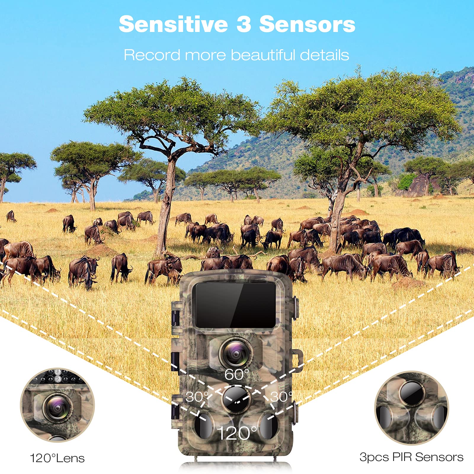 Trail Camera 20MP 1080P Waterproof Game Hunting Cam with 3 Infrared Sensors Motion Activated Night Vision for Wildlife Monitoring
