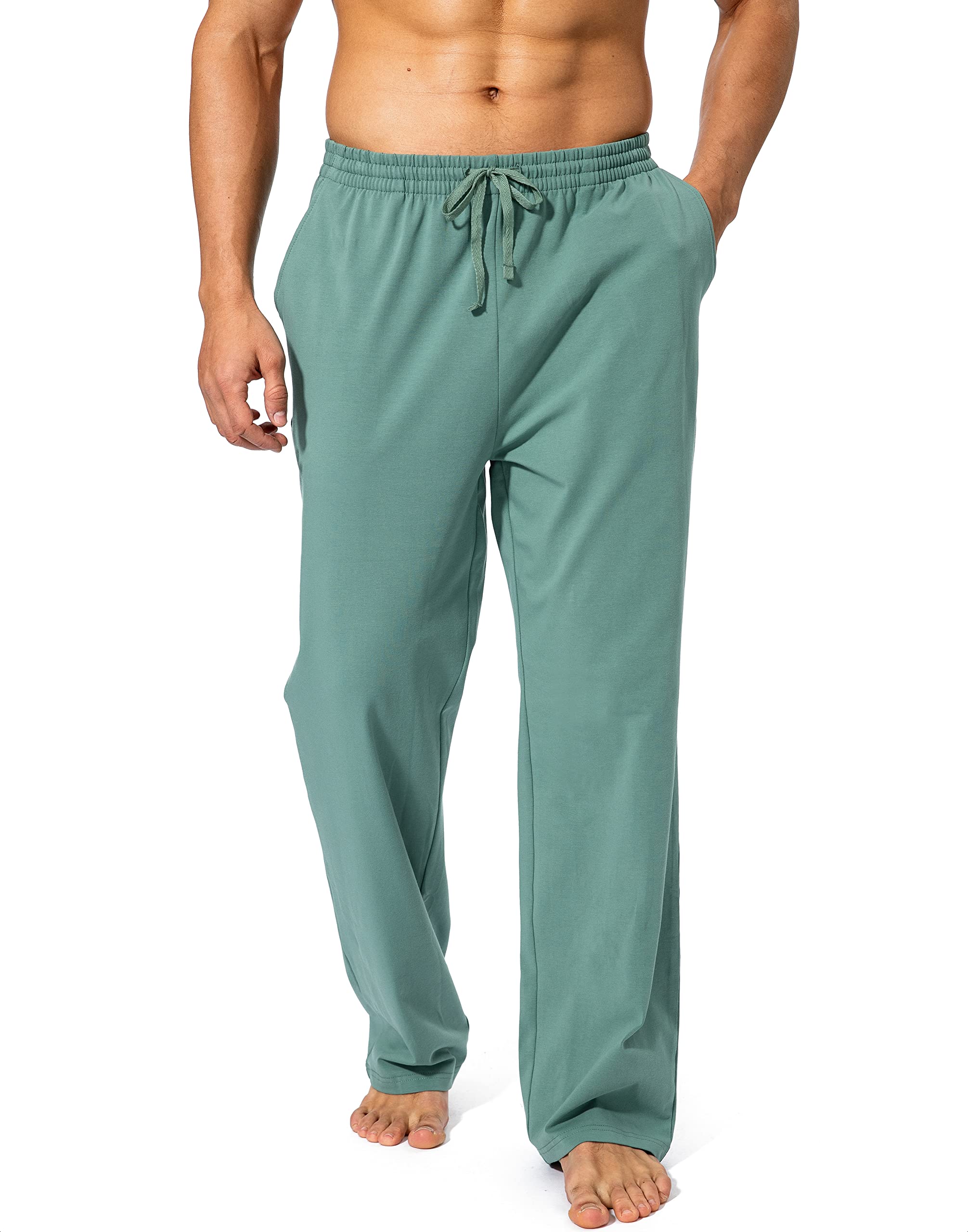 Pudolla Men's Cotton Yoga Sweatpants Athletic Lounge Pants Open Bottom Casual Jersey Pants for Men with Pockets (Green Small)
