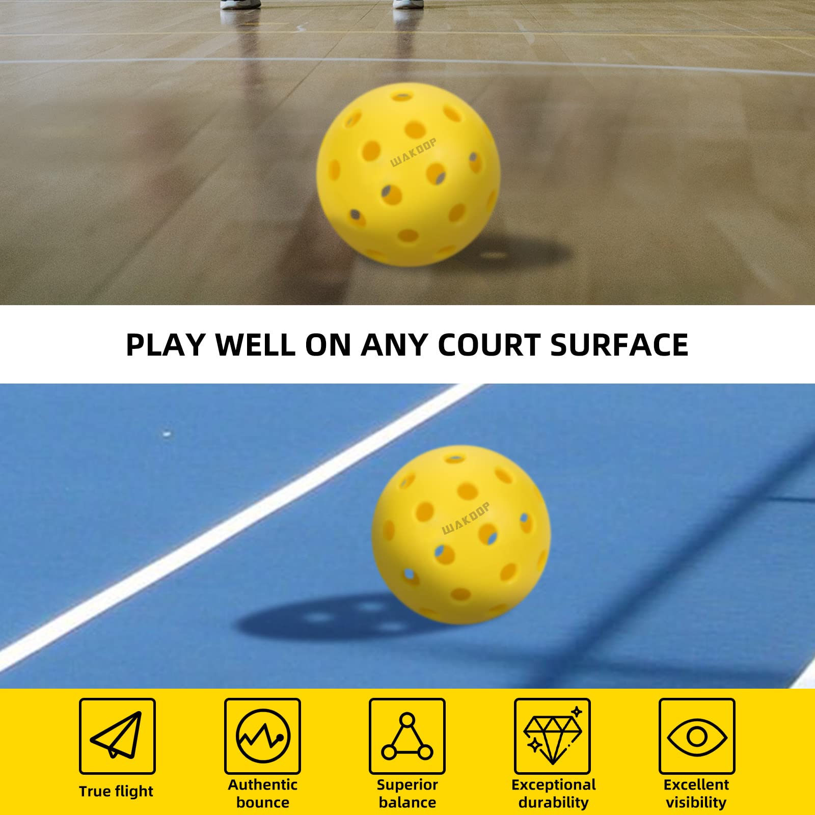 wakdop Outdoor Pickleball Balls, High Elasticity Pickle Balls for Outdoors and Indoor Courts, 40 Precisely Drilled Holes 6 Packs Yellow